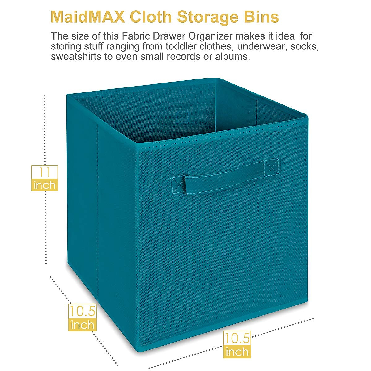 MaidMAX Cloth Storage Bins, Set of 6 Foldable Collapsible Fabric Cubes Organizers Basket with Dual Handles, Teal