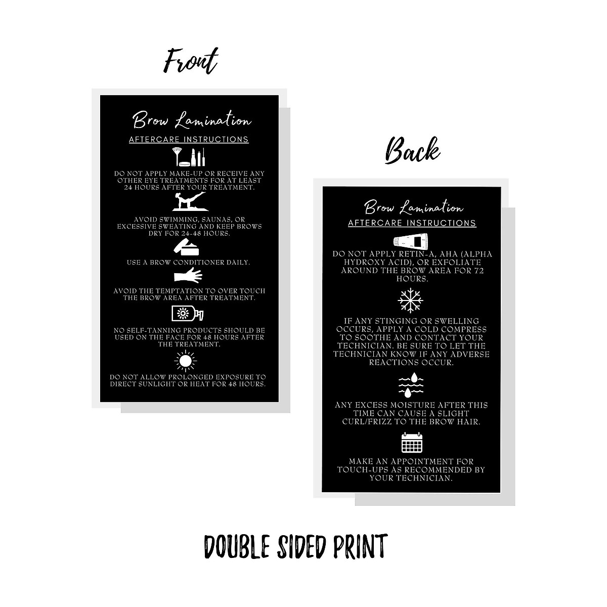 Brow Lamination Aftercare Instruction Cards | 50 Pack | 2x3.5” inches Business Card Size | Starter Lift Kit At Home DIY Brow Lift and Tint | Snatched Brows Black with White Icons Design