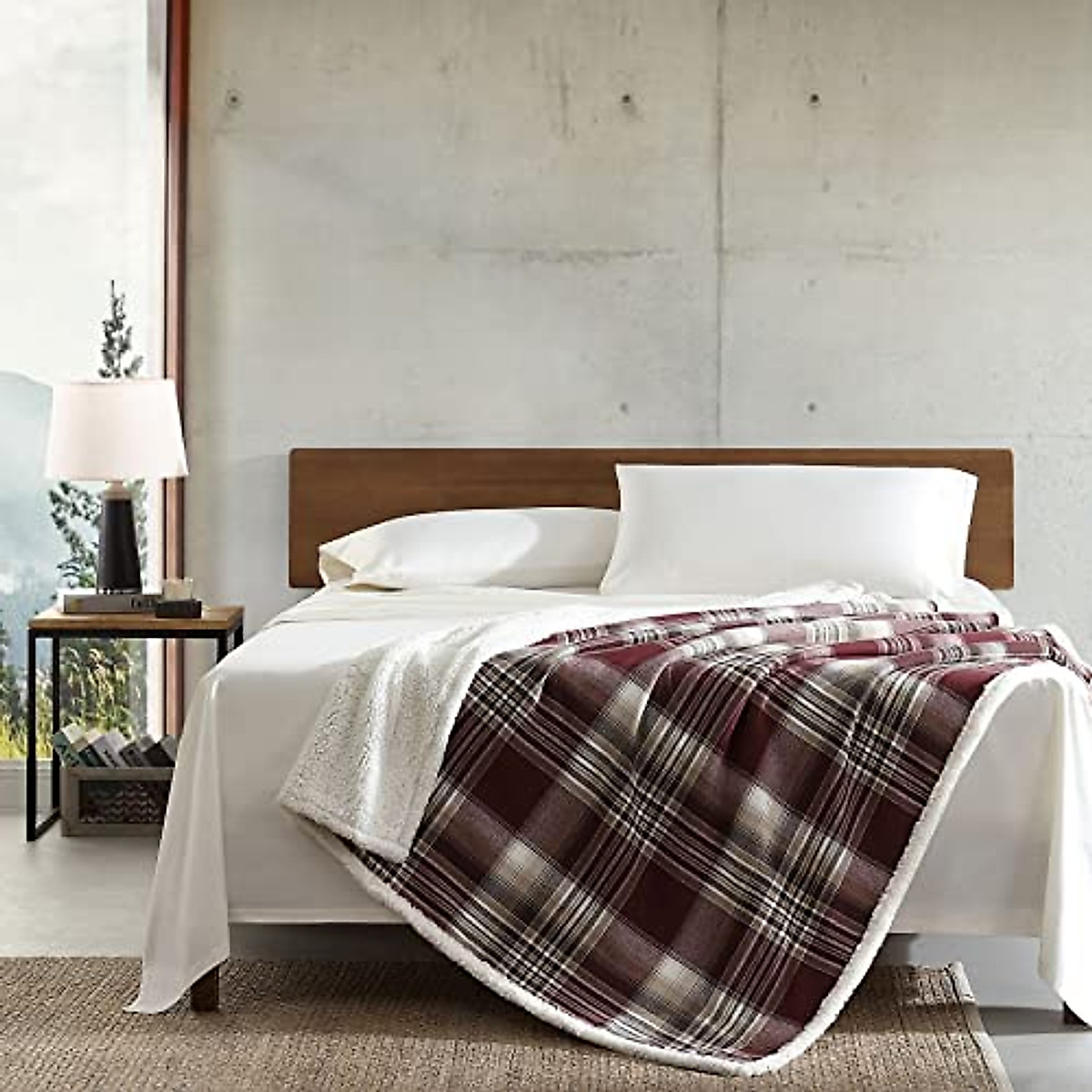 Eddie Bauer - Throw Blanket, Cotton Flannel Home Decor, All Season Reversible Sherpa Bedding (Twin Lakes Red, Throw)
