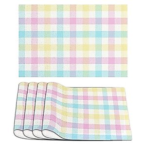 Rvsticty Linen Spring Placemats Set of 4 Buffalo Check Plaid Easter Table Mats Easter Decor Birthday Party Home Kitchen Table Decorations and Supplies-12×18''