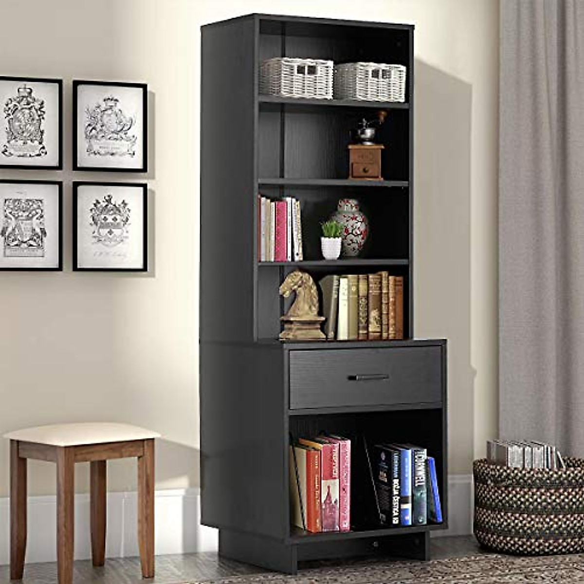 MELLCOM Wooden Bookcase Storage Cabinet Bookshelf with 3 Shelves and 1 Drawer, Modern Standing Shelf, Side Corner Storage Cabinet Decor Furniture for Home Office (Black)