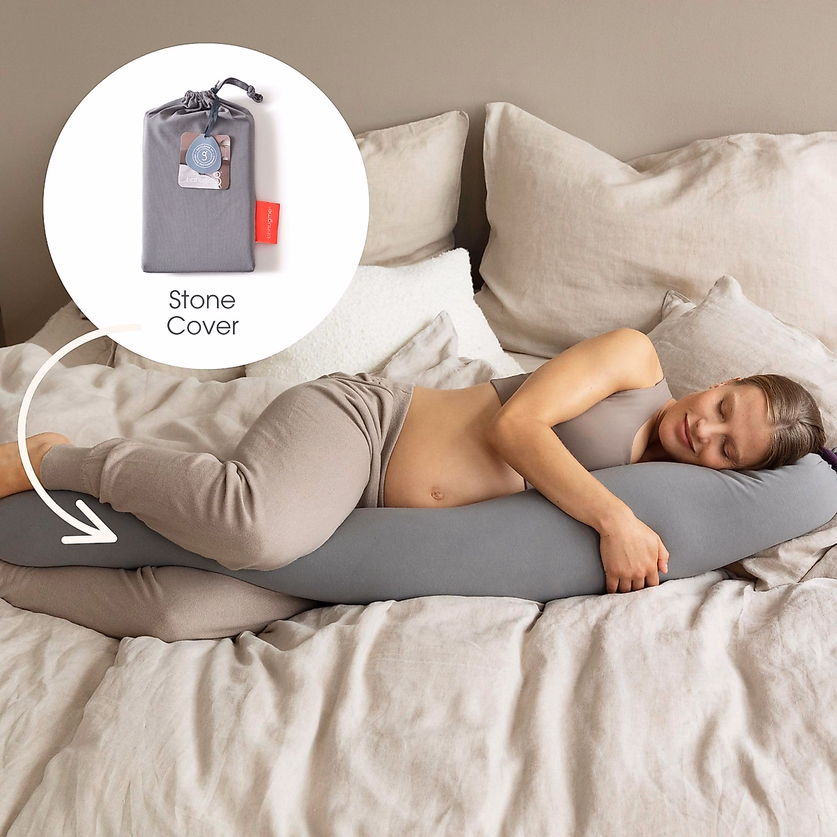 bbhugme Pregnancy Pillow Cover - Cotton Jersey Fabric - Fits Pregnancy Pillow for Side Sleeping - Cover Only, Pregnancy Pillow Sold Separately, Stone