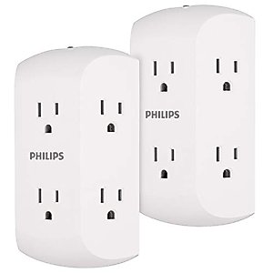 Philips 6-Outlet Extender, 2 Pack, Resettable Circuit Breaker, Adapter Spaced Outlets, 3-Prong, Charging Station, Side Access, Grounded Wall Tap, Perfect for Cell Phone Charging, White, SPS1462WA/37