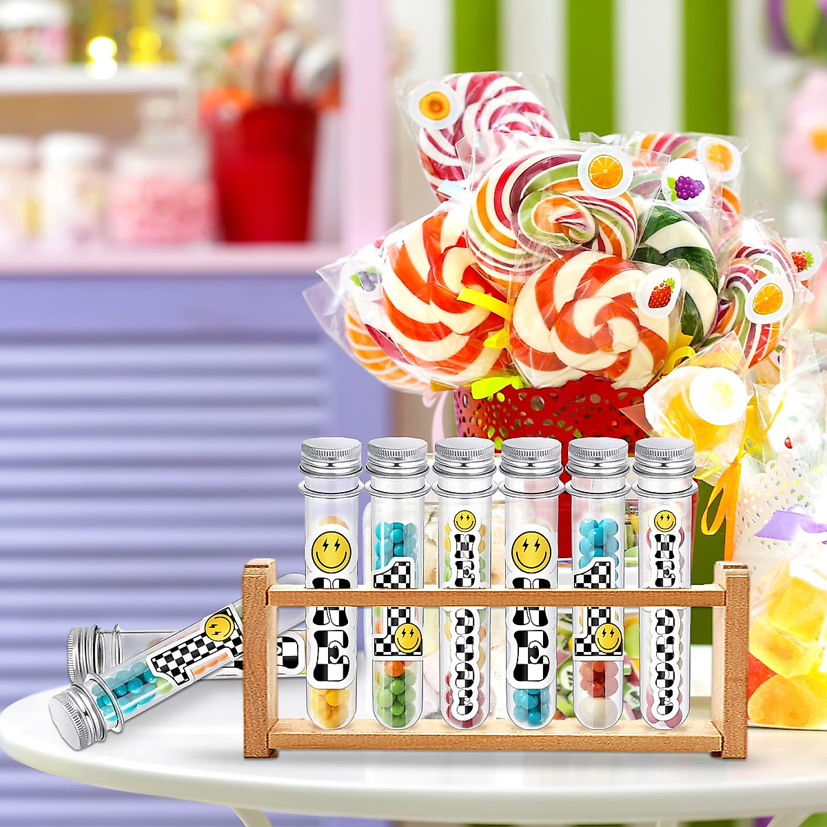 Whaline 30Pcs One Happy Dude Plastic Test Tubes Science Party Test Tubes with Screw Caps Stickers Clear Candy Storage Vials Gumball Candy Container for First Birthday Party Favors