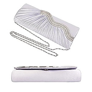 Larcenciel Clutch Purses for Women, Satin Pleated Evening Bag with Detachable Chain, Formal Glossy Envelope Clutch Handbag Shoulder Cross body Bag Bridal Clutch Wedding Clutch Prom Party Purse(Sliver)