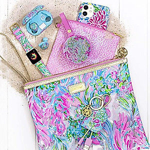 Lilly Pulitzer Water Resistant Vinyl Beach Day Pouch - Includes Drink Hugger, Zip Pouch, and Towel Clips, Best Fishes