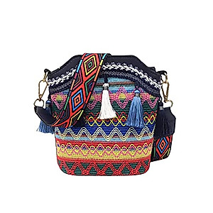IAMUHI Lovely Small Straw Bucket Phone Purse Handwoven Bohemian Fringed Crossbody Beach Bag Mini Hobo Handbags for Women/Girls,Navy Blue