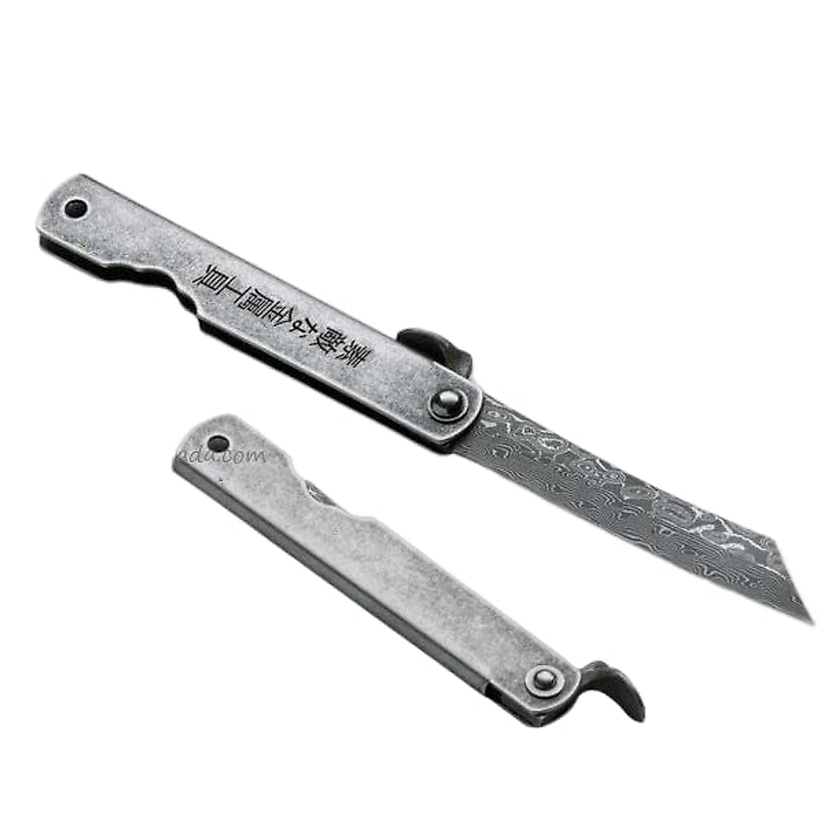 HIGO KINZOKU FOLDING KNIFE SILVER STAINLESS STEEL HANDLE DAMASCUS PLAIN EDGE 01PE310