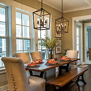 GZJunYo 4-Light Black Farmhouse Chandelier Light Fixture Iron Lantern Pendant Light Metal Cage Kitchen Hanging Light Fixtures for Kitchen Island, Dining Room, Entryway, Foyer, Hallway