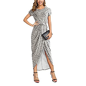 GRECERELLE Women's Short Sleeve Summer Dresses Elastic Waist Slit Casual Long Maxi Dress with Belt FP-Leopard Coffee-Large