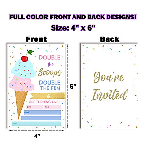 Ice Cream Birthday Party Invitations, Double the Scoops Double the Fun Twin Babies 1st Birthday Party Invitation, Summer Ice Cream Theme, Birthday Party Supplies, 20 Invitations with Envelopes - JY691
