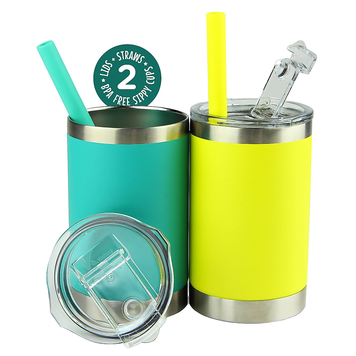 K KICHUZL 2 Pack 12oz Stainless Steel Kids Tumblers with Straws and Lids BPA Free Sippy Cups for Toddlers Spill Proof Kids Smoothie Cups