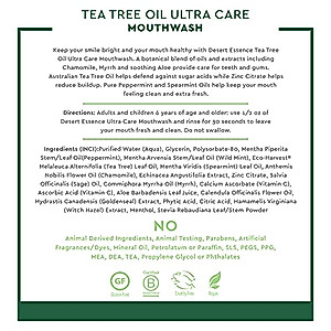 Desert Essence Ultra Care Mouthwash, Mega Mint, 16 fl oz - Alcohol Free, Sugar Free, Gluten Free, Vegan, Non-GMO - Aloe, Sage, Chamomile, Tea Tree Oil, Peppermint & Spearmint Essential Oils