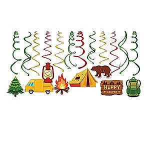 30CT Camping Hanging Swirl Party Decorations, Happy Camper Foil Swirls Camping Adventure Ceiling Streamers, Camping Theme Party Supplies Birthday Decoration for Kids Adults Baby Shower