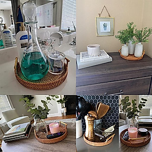 Handmade Rattan Round Woven Basket, Round Serving Tray with Handles, Food Serving Baskets, Basket, Great to Display Bread Or Fruit (10.6", 1pc)