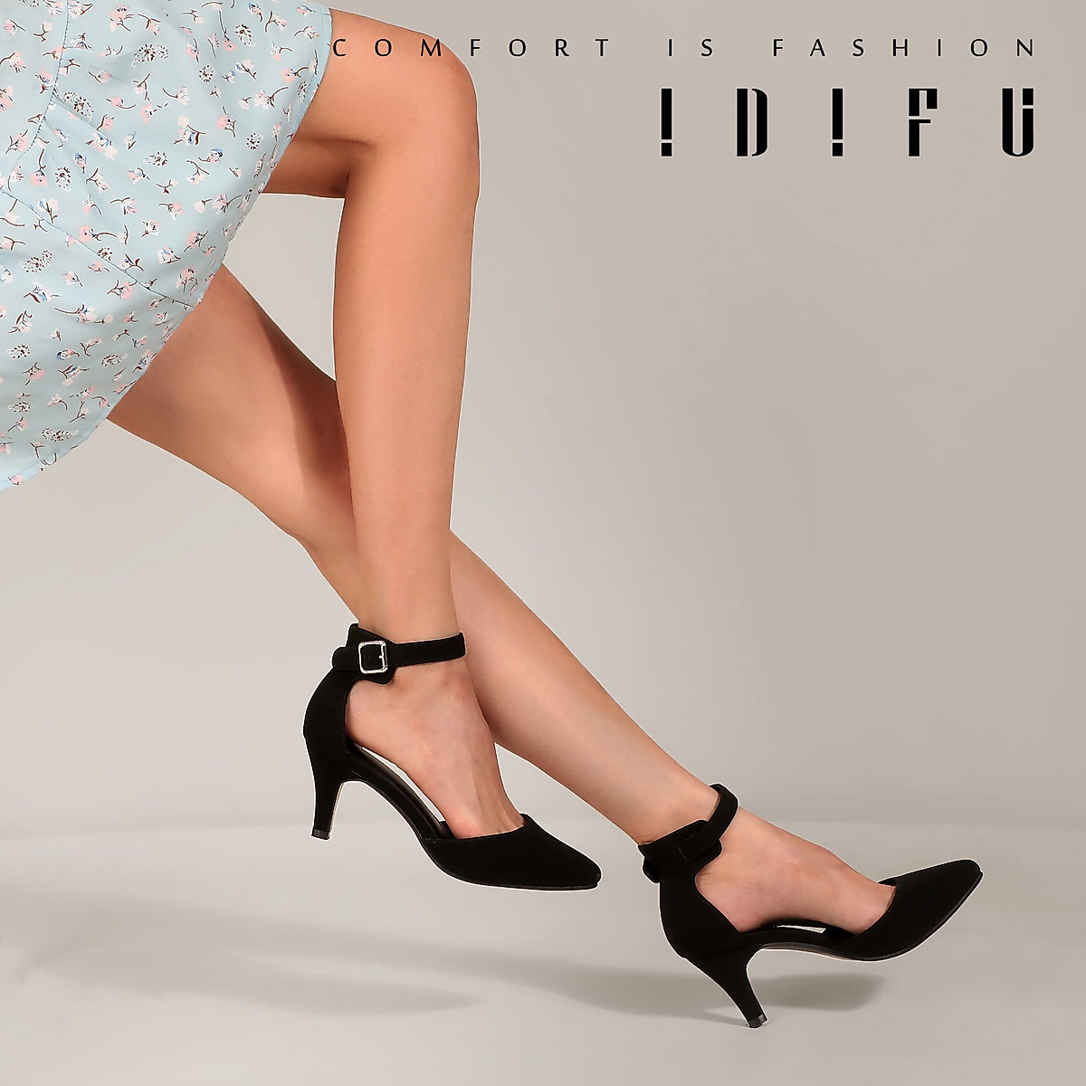 IDIFU Women's IN3 D'Orsay Pumps Low Kitten Heels for Women Dress Shoes Pointed Closed Toe Wedding Bride Ankle Strap Dressy Silver Black Nude White Gold Heels for Women (Black Nubuck, 7.5 M US)