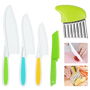 Kids Knife Set 5 Pcs Toddler Safe Knives Plastic Child Friendly Knife with Crinkle Cutter BPA-Free Serrated Edges Kitchen Tools for Real Cooking and Cutting Lettuce Board Sandwich