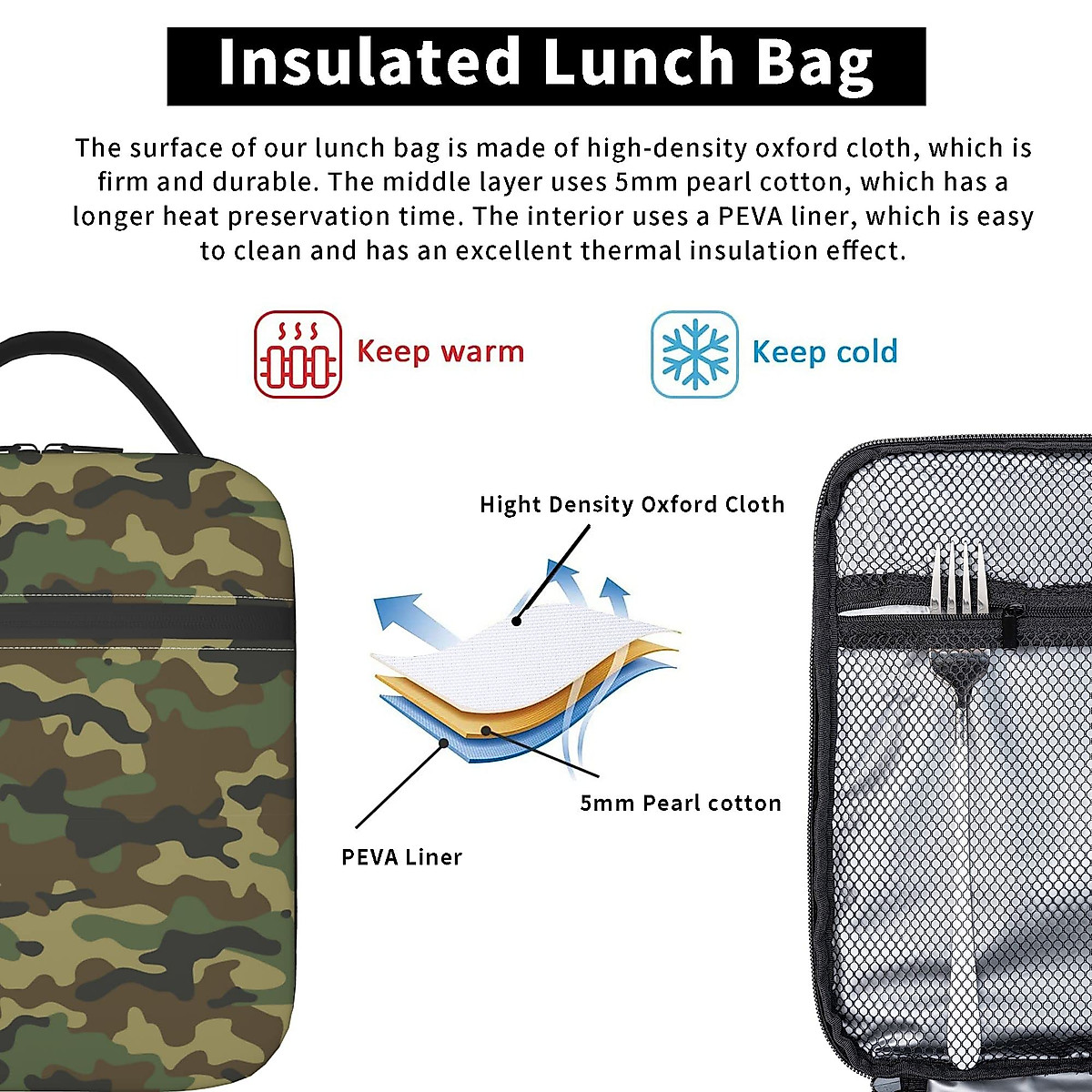 Green Camo Lunch Bags For Men Women Boys Girls Reusable Tote Lunch Bags For Office Work School Picnic Camping Thermal Insulation And Cold Preservation