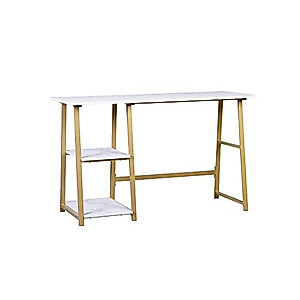 RAAMZO Gold and Faux Marble Finish Computer Writing Study Trestle Desk Modern Vintage Home Office