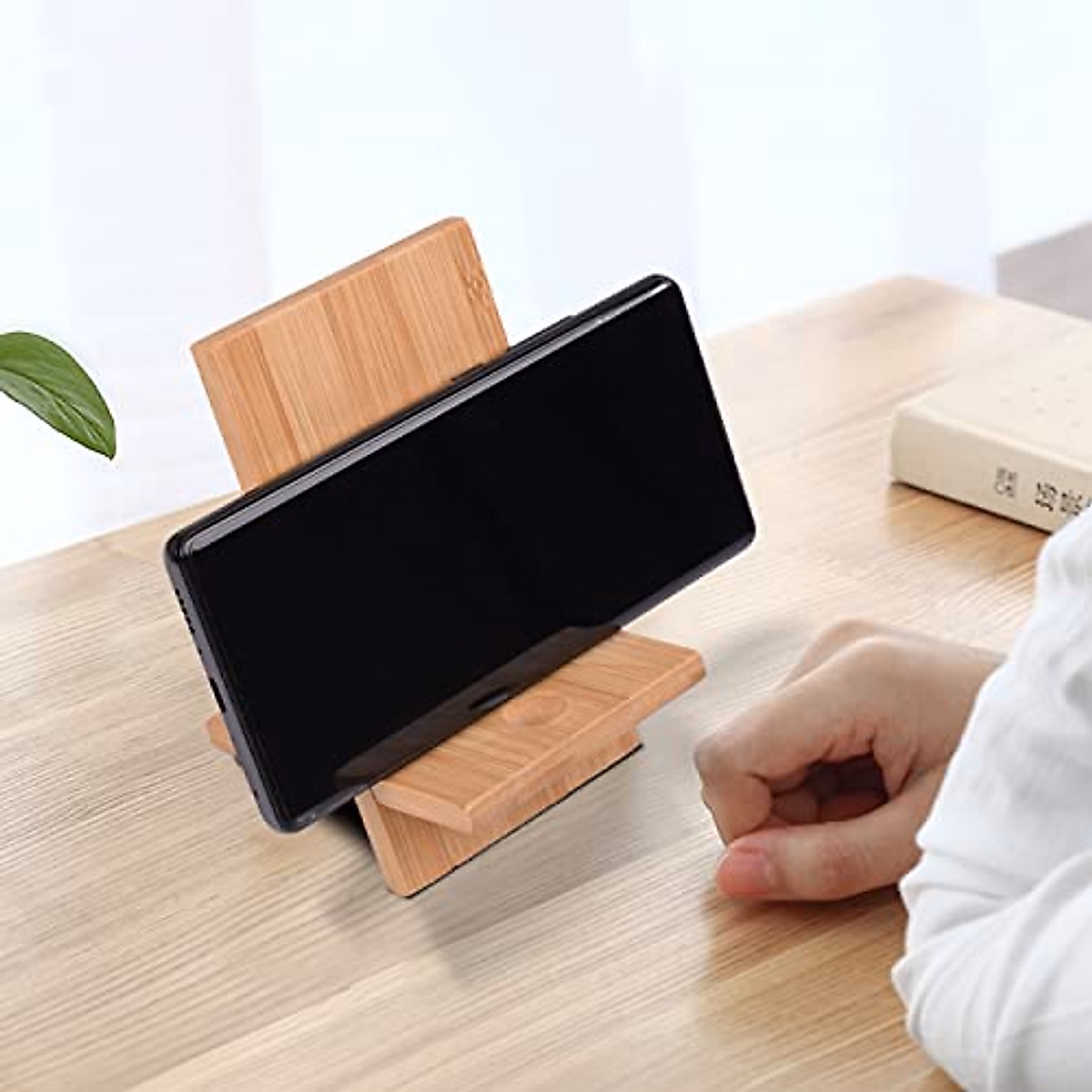 Mobile Stand Japanese Style Cellphone Holder Desktop Organizer Charging Station Compatible with All Smartphones Tablets Natural Bamboo Wood Portable Adjustable Angle (Plain)