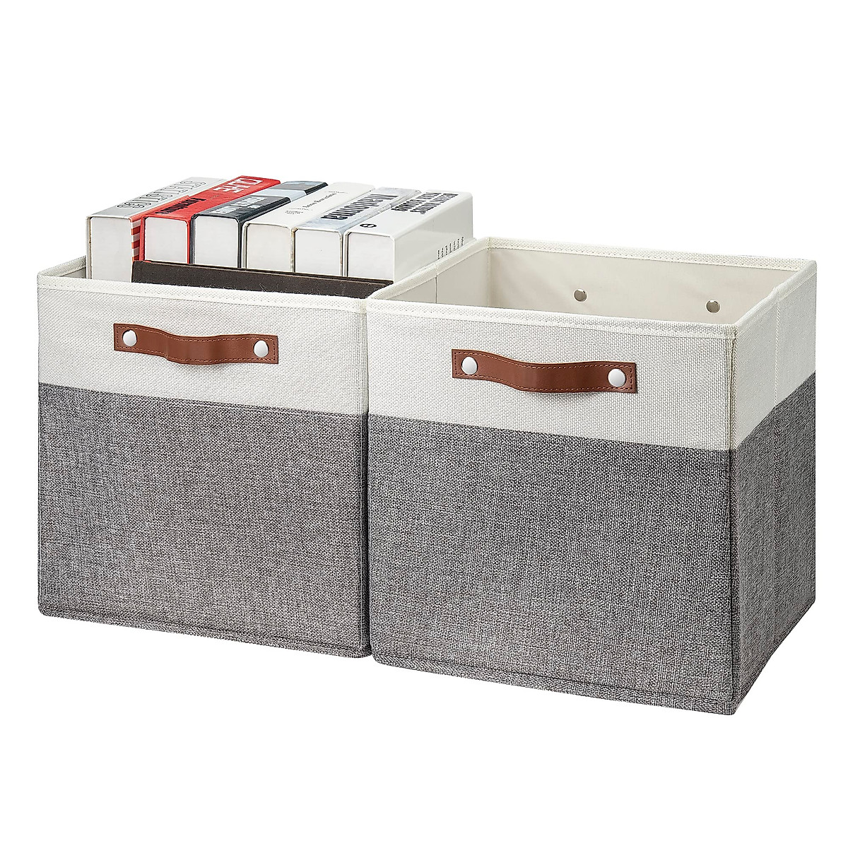 Lonian Set of 2 Foldable Cotton Flax Storage Boxes Bins with Leather Handle, Collapsible Storage Cube Organiser for Nursery Baby Kids Room Toys Home Shelving – 30.5x30.5x30.5 cm