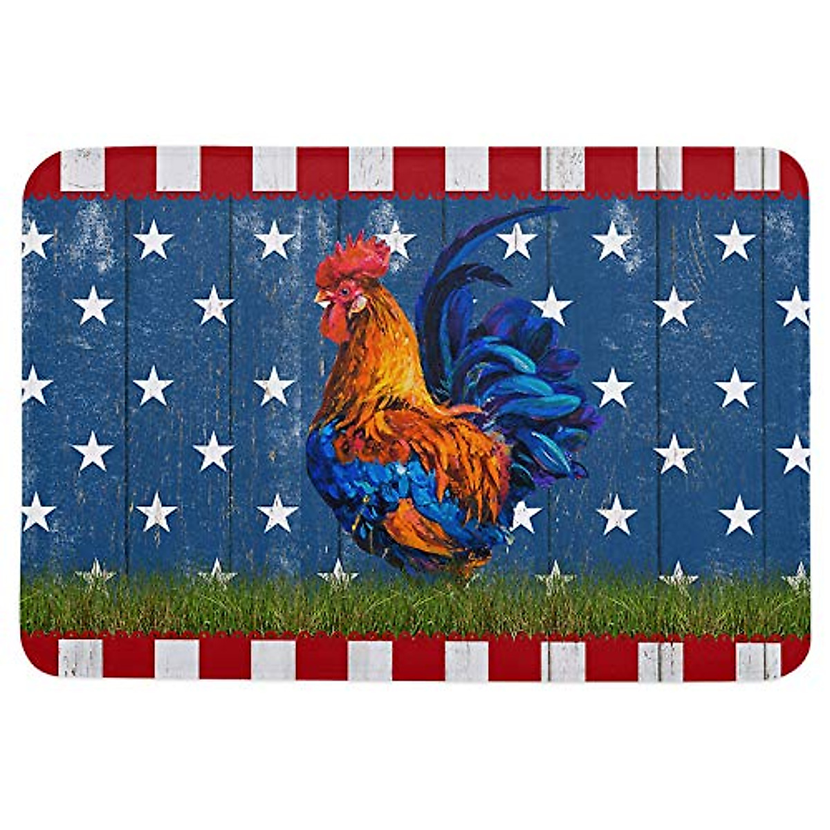 July 4th Bath Rugs Farm Chicken Stars Independence Day Holiday Sponge Doormat Absorbent Non Slip Backing Flannel Mat Wood Grain Red and White Stripe Memory Foam Mats for Bathroom24 x36