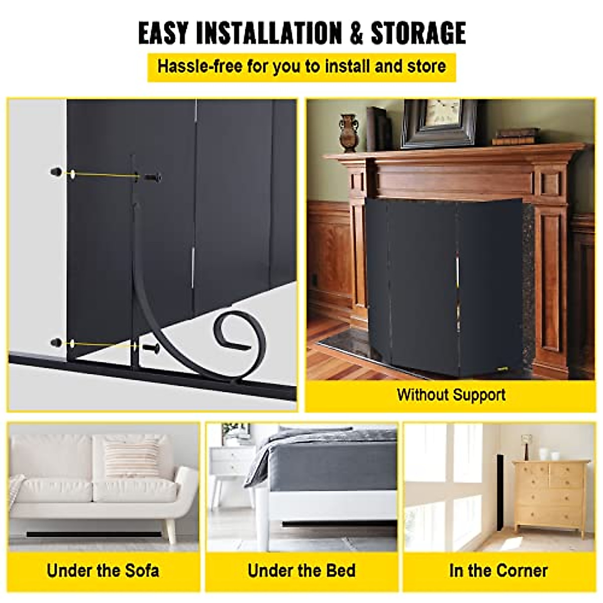 VEVOR Fireplace Screen, 47 x 34.3 Inch, 3-Panel Iron Freestanding Spark Guard with Support, Metal Craft, Broom Tong Shovel Poker Included, for Fireplace Decoration & Protection, Black