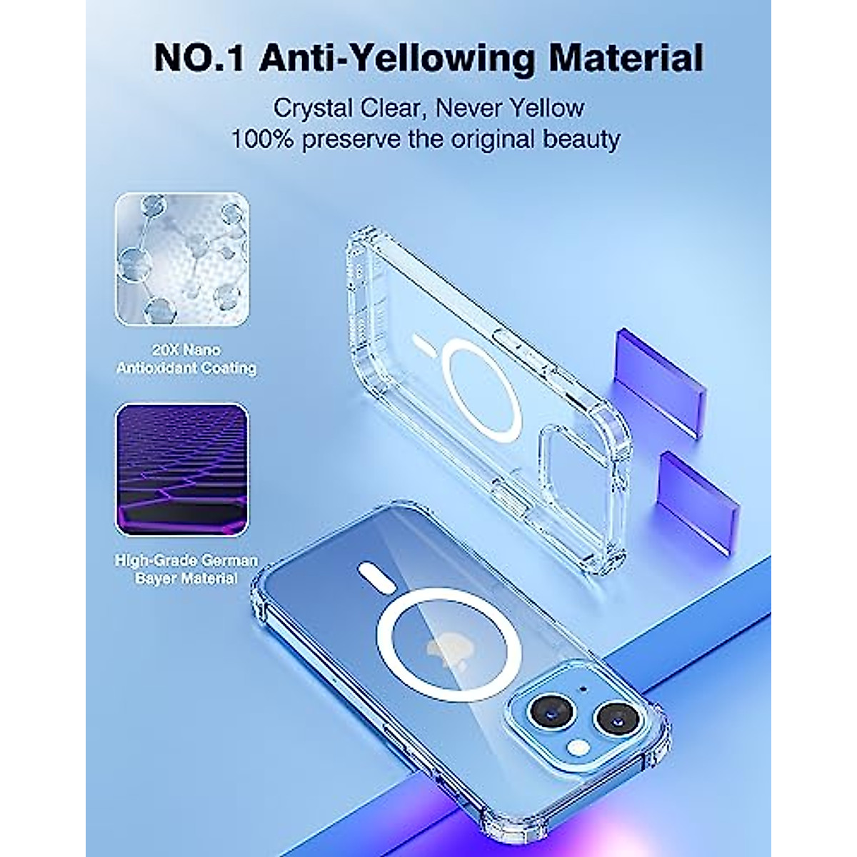 Dlinda 2-in-1 Compatible with iPhone 15 Magnetic Case Clear with Card Holder Leather, Compatible with Magsafe Wallet Case, Yellow Resistant & MIL-Grade Drop Tested, Midnight Black