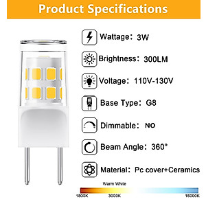 YKWCW G8 LED Bulb, 3W Equivalent to 20W-25W Halogen Bulb, T4 JCD Type Bi-Pin G8 Base, 120V Puck Light Bulbs for Under Cabinet Light, Under Counter Kitchen Lighting, 3000K Warm White （5 Pack）