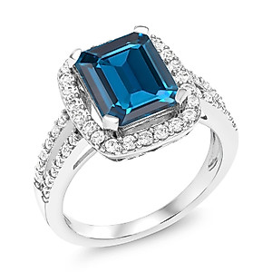 Gem Stone King 925 Sterling Silver London Blue Topaz Ring | Emerald Cut 10X8MM Engagement Ring For Women | 4.62 Cttw | Gemstone Birthstone | Available In Size 5, 6, 7, 8, 9