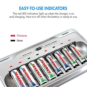 Tenergy TN145 8 Bay Charger and 4 Pack Rechargeable AA Batteries and 4 Pack Rechargeable AAA Batteries, Independent Charging, UL & CE Certified