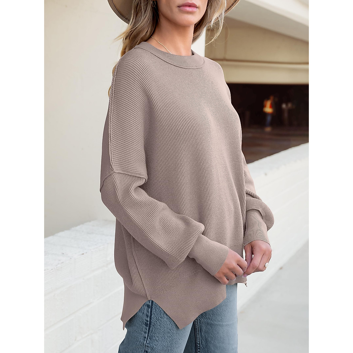 ANRABESS Women Crewneck Batwing Long Sleeve 2024 Fall Oversized Side Slit Ribbed Knit Pullover Sweaters Top Cozy Outfits Pink Apricot Large