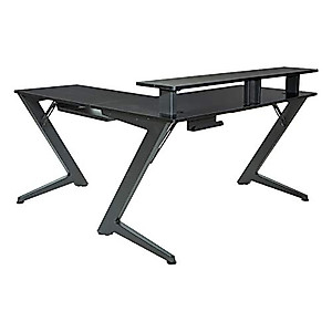 OSP Home Furnishings Avatar Battlestation L-Shape Gaming Desk with Bluetooth RGB LED Lights and Carbon Fiber Surface, Matte Black