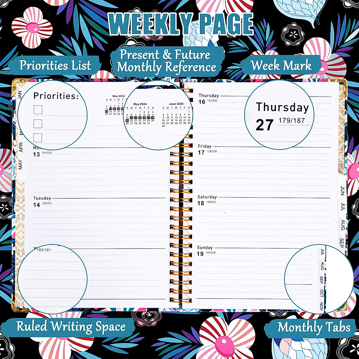 2024 Daily Planner with Stickers - 8.66"×6.2" January 2024 - December 2024 Happy Planners with Tabs, Twin Wire Spiral Binding Thick Paper Weekly and Monthly Academic Agenda Daily Notebook Pattern L