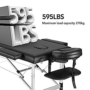 Careboda Portable Massage Table Professional Massage Bed 3 Fold 82 Inches Height Adjustable for Spa Salon Lash Tattoo with Aluminum Legs Carrying Bag Accessories Black