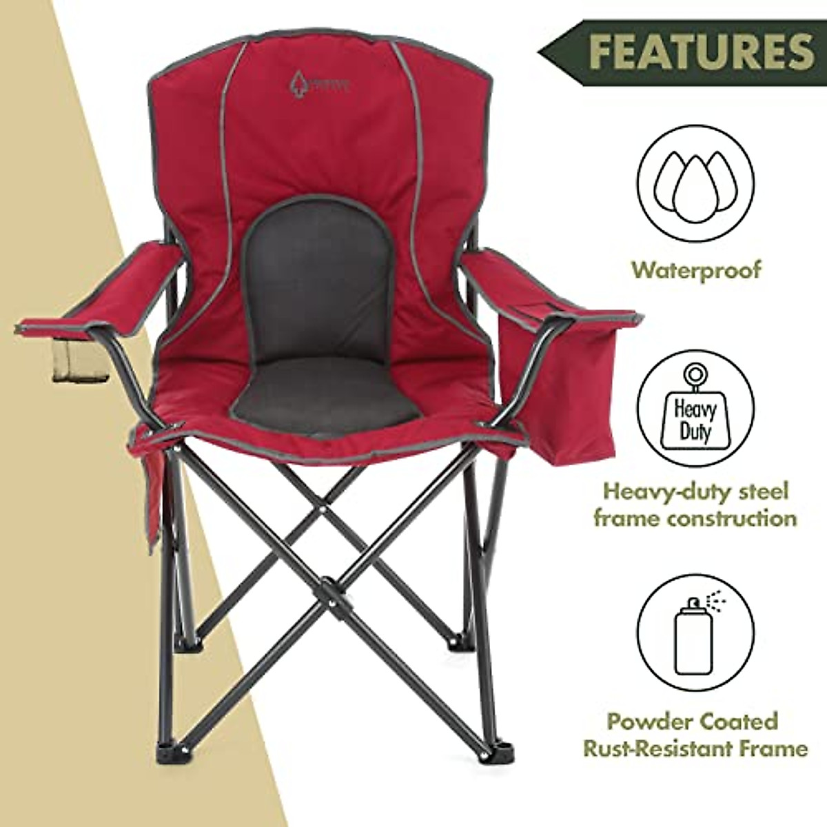 ARROWHEAD OUTDOOR Portable Folding Camping Quad Chair w/ 4-Can Cooler, Cup-Holder, Heavy-Duty Carrying Bag, Padded Armrests, Supports up to 330lbs, USA-Based Support