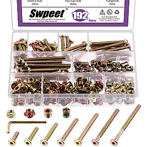 Swpeet 192Pcs M6 × 20/30/40/50/60/70/80mm Color Zinc Hex Socket Head Cap Crib Baby Bed Bolt and Threaded Insert Nuts with Flange Nuts and 4 Pronged Tee T Nuts Kit with Allen Wrench