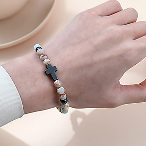 Softones 6mm Cross Beaded Bracelet for Women Natural Stone Stretch Link Prayer Bracelet for Women,7.1"