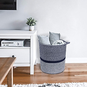 INDRESSME Large Cotton Rope Storage Basket Baby Laundry Basket Woven Baskets Blanket Basket with Handle for Diaper Toy Off White Home Decor 14.2'' x 13.4'' x 16.2'', Navy