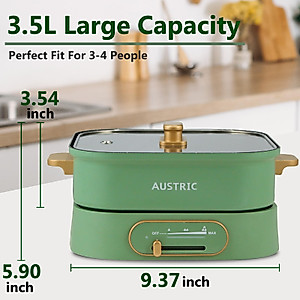 Austric 2 In 1 Electric Shabu Shabu Pot 3.5L with Removable Grill Pan, Non-Srick Electric Hot Pot with Slide Power Control, Multi Cooker with Tempered Glass Lid for Frying,Grilling,BBQ | (Green)