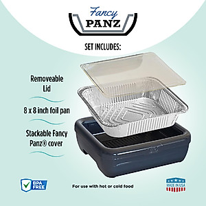Fancy Panz, Serving Tray for Food, Made in the USA Foil Pan Carrier, Stackable Aluminum Pan Holders, 8x8 Travel Casserole Carrier With 1 Disposable Foil Pan & Serving Spoon, Red