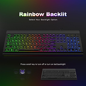 Meidosa Backlit Keyboard Wired Large Print, Computer Keyboard with Rainbow Illuminated LED, USB Keyboard with Numeric Keypad and Media Hotkey for Windows PC Laptop