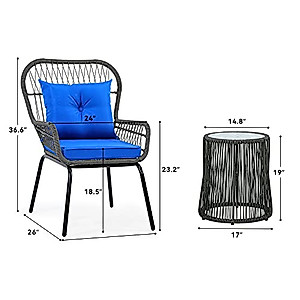 YITAHOME 3-Piece Outdoor Patio Furniture Wicker Bistro Set, All-Weather Rattan Conversation Chairs for Backyard, Balcony and Deck with Soft Cushions, Glass Side Table (Gray+Navy Blue)