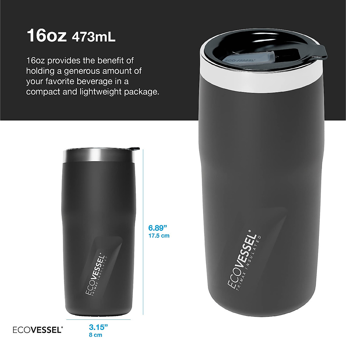 EcoVessel METRO Vacuum Stainless Steel Tumbler Cup, Insulated Water Bottle, Travel Coffee Mug with Slider Lid and Non Slip Base Iced Coffee Cup - 16 oz (Coastal Mist)