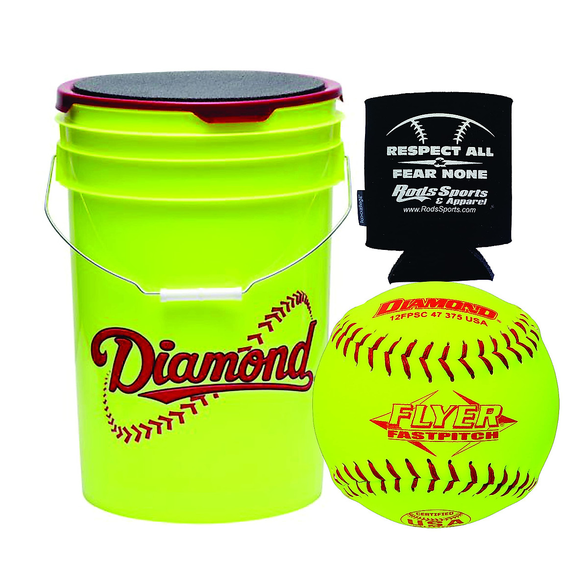 Diamond Sports Diamond Flyer Fastpitch 12 inch 12FPSC USA Stamped 375 Compression .47 COR Softballs with Yellow Bucket - 18 Ball Pack and Rods Insulated Can Sleeve