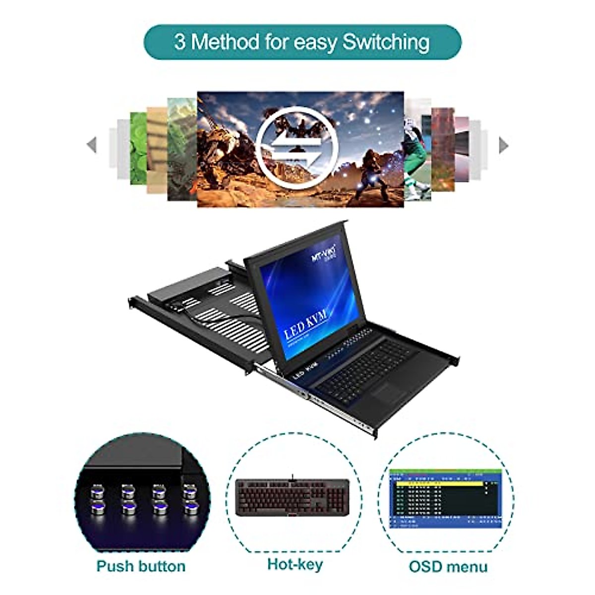 MT-VIKI 16 Port KVM VGA Switch w/17'' LCD Monitor, 1U Rack Mount KVM Monitor Switch,1280x1024@60Hz Support OSD/Hotkey/Button Switching, + 16 KVM Cables, Fit 1U 19'' Rack
