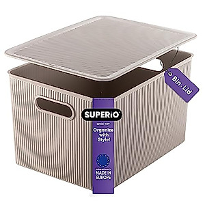 Superio Ribbed Collection - Decorative Plastic Lidded Home Storage Bins Organizer Baskets, X-Large Taupe (1 Pack - 22 Liter) Stackable Container Box, for Organizing Closet Shelves Drawer Shelf