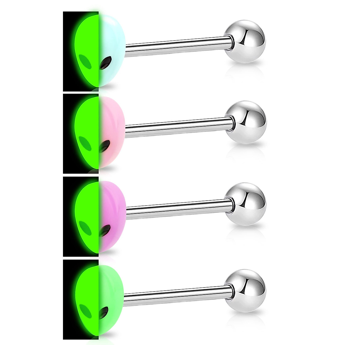 Melighting 4Pcs Alien Tongue Rings Glow in The Dark 14G Surgical Steel 316L Tongue Piercing Jewelry Multi Alien Tongue Barbells Body Piercing Jewelry