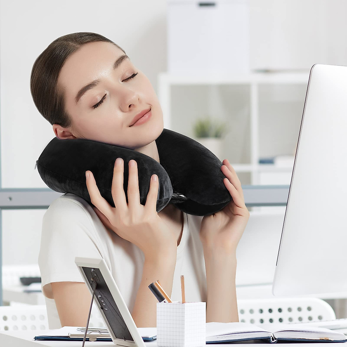 urnexttour Travel Neck Pillow Airplane, Soft Memory Foam Support Head Neck Chin, with Removale Cover and Adjustable Snap Button, Comfortable Sleeping in Plane Car Train Traveling Office Home, Black