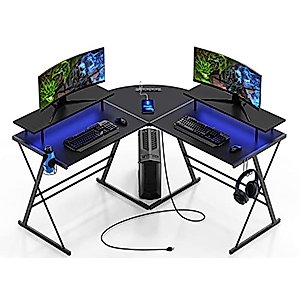 Evajoy Gaming Desk, L Shaped Computer Corner Desk, 53" Ergonomic Gaming Table with Monitor Stands, PC Desk with LED Strips and Power Outlets, Carbon Fiber Surface with Cup Holder, Headphone Hook